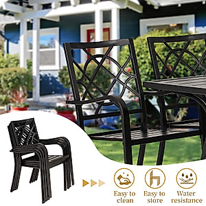 Patiomore 7 Piece Outdoor Patio Dining Set, Metal Furniture Set Rectangular Slatted Dining Table with Umbrella Holes & 6 Stackable Backyard Garden Chairs