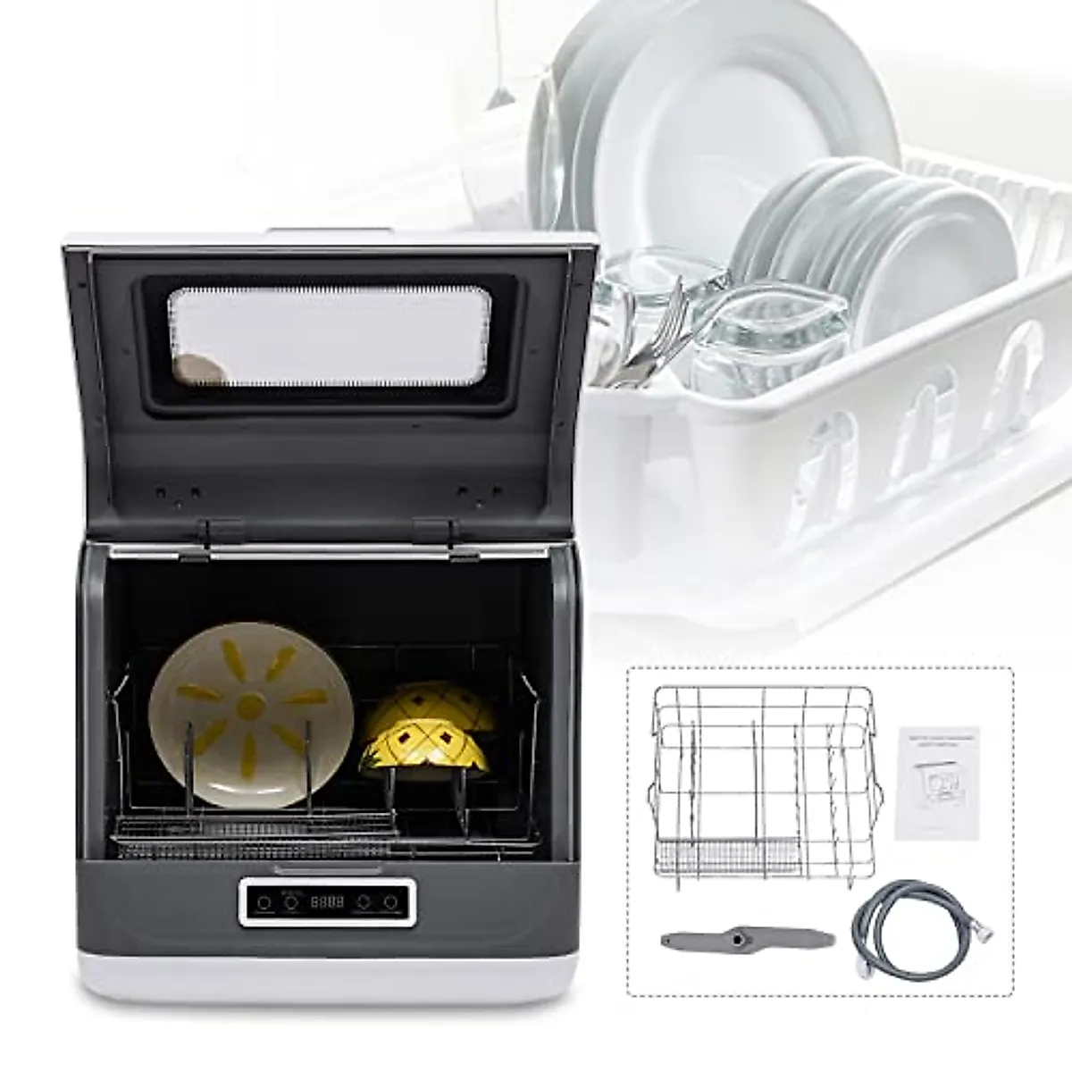 Compact Dishwasher 1200W Mini Portable Countertop Dishwasher 3/4 Washing Program Deep Cleaning for Small Apartments, Dorms and RV (White 3 Washing Programs)