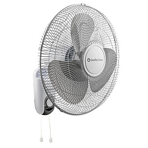 Comfort Zone CZ16W 16” 3-Speed Oscillating Wall-Mount Fan with Adjustable Tilt, Metal Grille, 90-Degree Oscillation, White