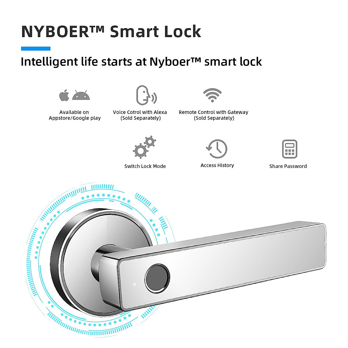 Keyless Entry Door Lock Smart Biometric Fingerprint Door Lock Safe Front Door Handle with Fingerprint Bluetooth App Key Unlock for Home Office Apartment Garage School Wooden Door by Nyboer (White)