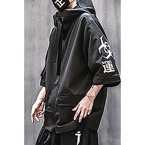 Niepce Inc Japanese Streetwear Zip Up Windbreaker Jacket for Men (Black2, XL)
