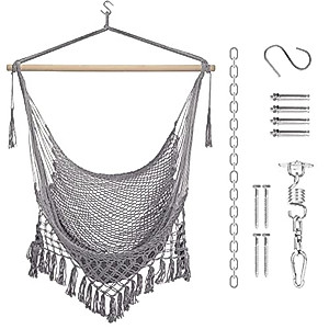 Hammock Hanging Rope Swing Macrame Chair Extra Long Stretching Bed with Max Capacity of 330 Lbs with Complete 360° Rotation Spring Hardware Set Indoor Outdoor Garden Yard (Grey)