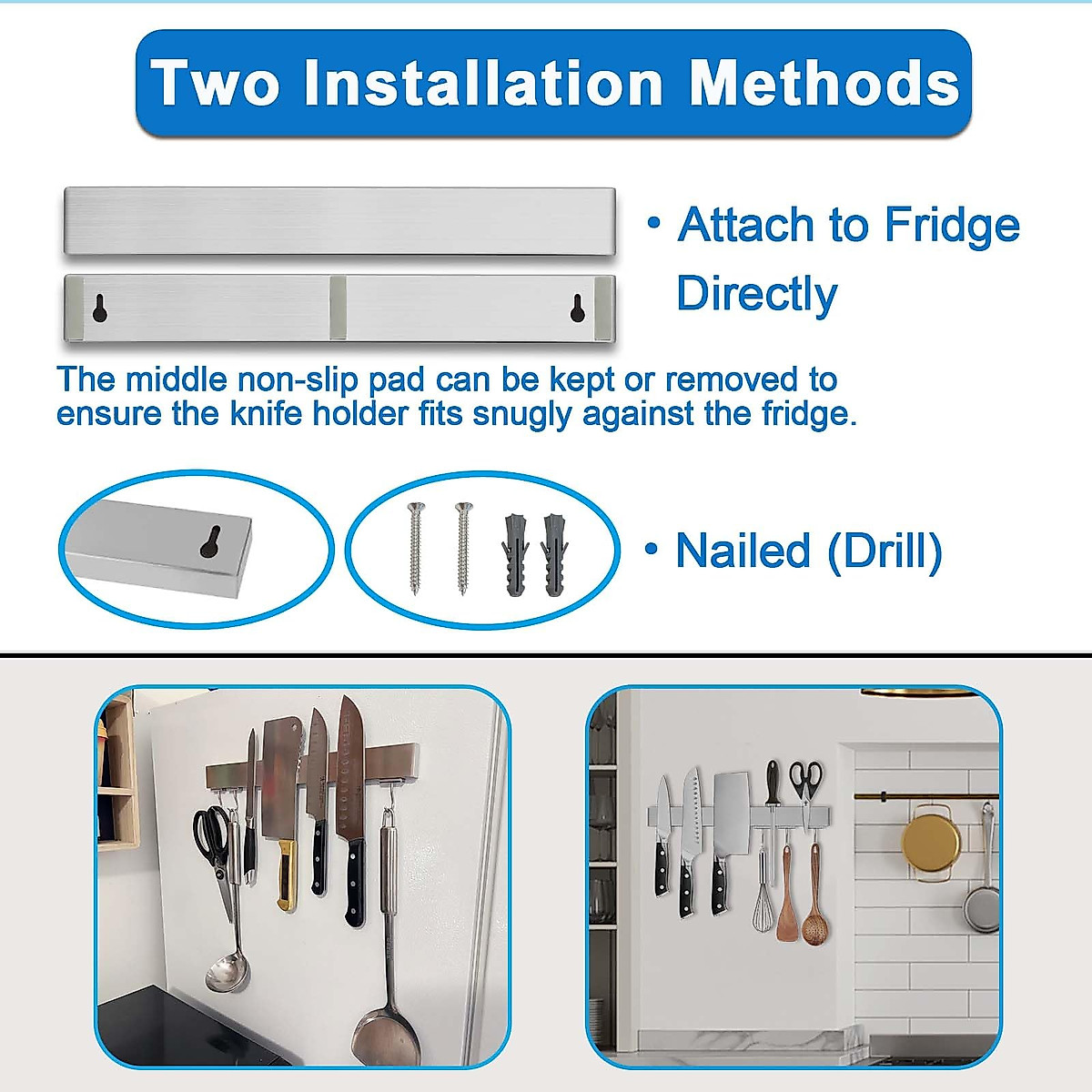 HomeSimplex 16 Inch Magnetic Knife Holder for Refrigerator - Knife Magnetic Strip for Fridge with Magnetic Hooks - Double Sided Magnetic Knife Bar - Stainless Steel Kitchen Magnetic Knife Hanger Rack