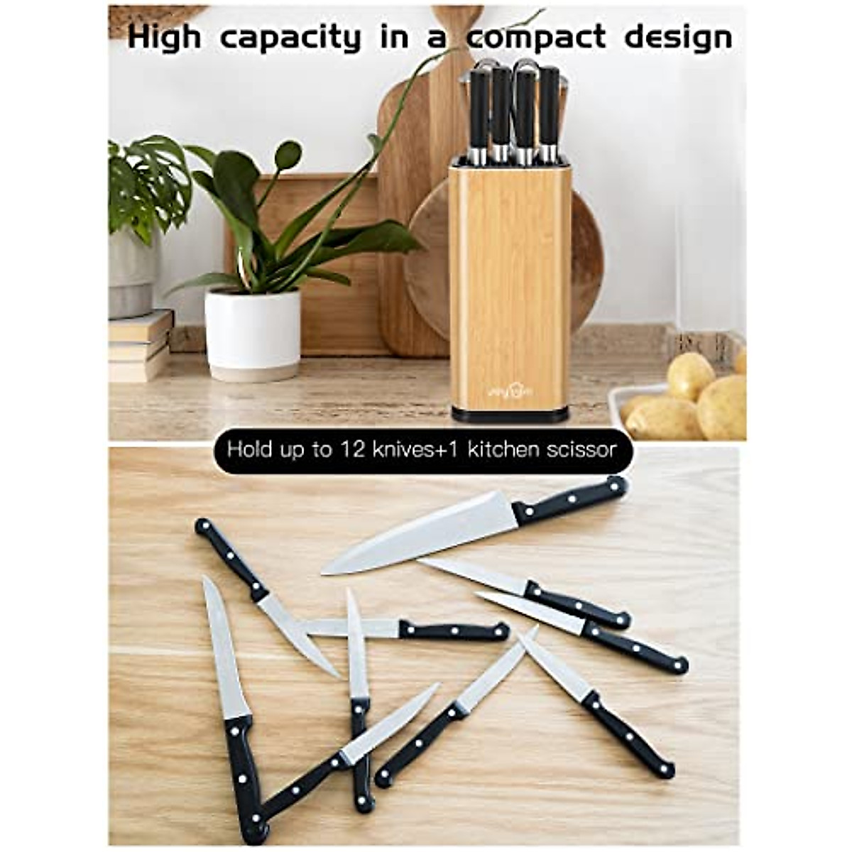 Universal Knife Block Holder, Large Black Stainless Steel Kitchen Knife Organizer without Knives, Modern Countertop Space Saver Knife Storage Stand with Scissors-slots (black)