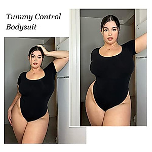 SHAPERX Seamless Short Sleeve Bodysuit for Women Tummy Control Shapewear Thong Sculpting Body Shaper,SZ5253-Black-S/M