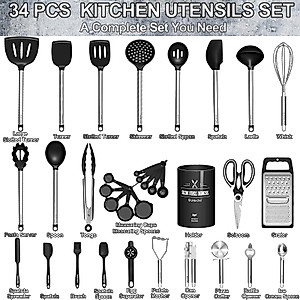 Kitchen Utensils Set-Umite Chef 34 Pcs Silicone Cooking Utensils Set for Nonstick Cookware-Silicone Spatulas Set, Stainless Steel Handle-Black Kitchen Gadgets Tools, Pots and Pans Accessories