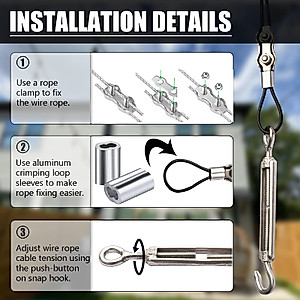 NEREUS String Light Hanging Kit with 250 Ft Nylon Coated 304 Stainless Steel Wire Rope, String Light Suspension Kit, Guide Wire with Turnbuckles and Hooks for Patio, Backyard Lighting Accessories