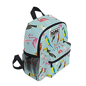 Glaphy Custom Kid's Name Backpack, Cute Parrots Birds Flamingo Geometric Toddler Backpack for Daycare Travel Personalized Name Preschool Bookbags for Boys Girls