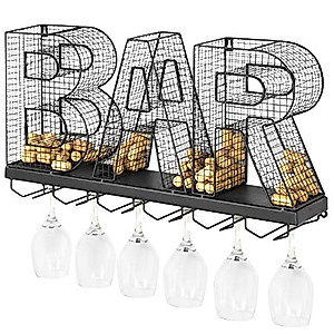 MyGift Black Metal Stemmed Wine Glass Holder and Wine Cork Storage Rack, BAR Word Design Wall Decor