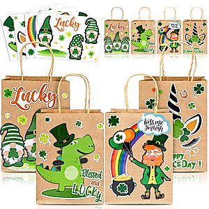 Whaline St Patrick's Day Kraft Paper Gift Bags Party Bag with Handles 24 Sheet DIY Stickers Shamrock Green Unicorn Gnome Goody Bags Irish Birthday Party Supplies Gift Wrap, 6 x 3 x 8.3inch