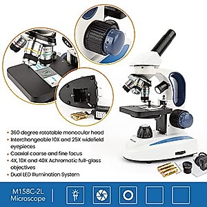 AmScope M158C-2L-E1 Digital Cordless Compound Monocular Microscope, WF10x and WF25x Eyepieces, 40x-1000x Magnification, Upper and Lower LED Illumination with Rheostat, Brightfield, Single-Lens Condenser, Coaxial Coarse and Fine Focus, Plain Stage, 110V or
