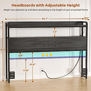 Aheaplus Headboard for Full Size Bed Frame, Headboards with Outlets, USB Ports and LED Light, Head Board with Storage, Height Adjustable, Sturdy and Stable Headboard, Full Size, Black Oak