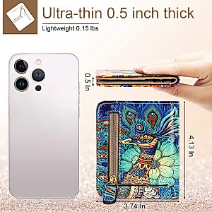 APHISON Womens Wallet, Slim Small Wallet for Women RFID Wallet Women Cartoon Microfiber Leather with ID Credit Card Holder Zipper Coin Pocket Bifold Compact Wallet Peacock