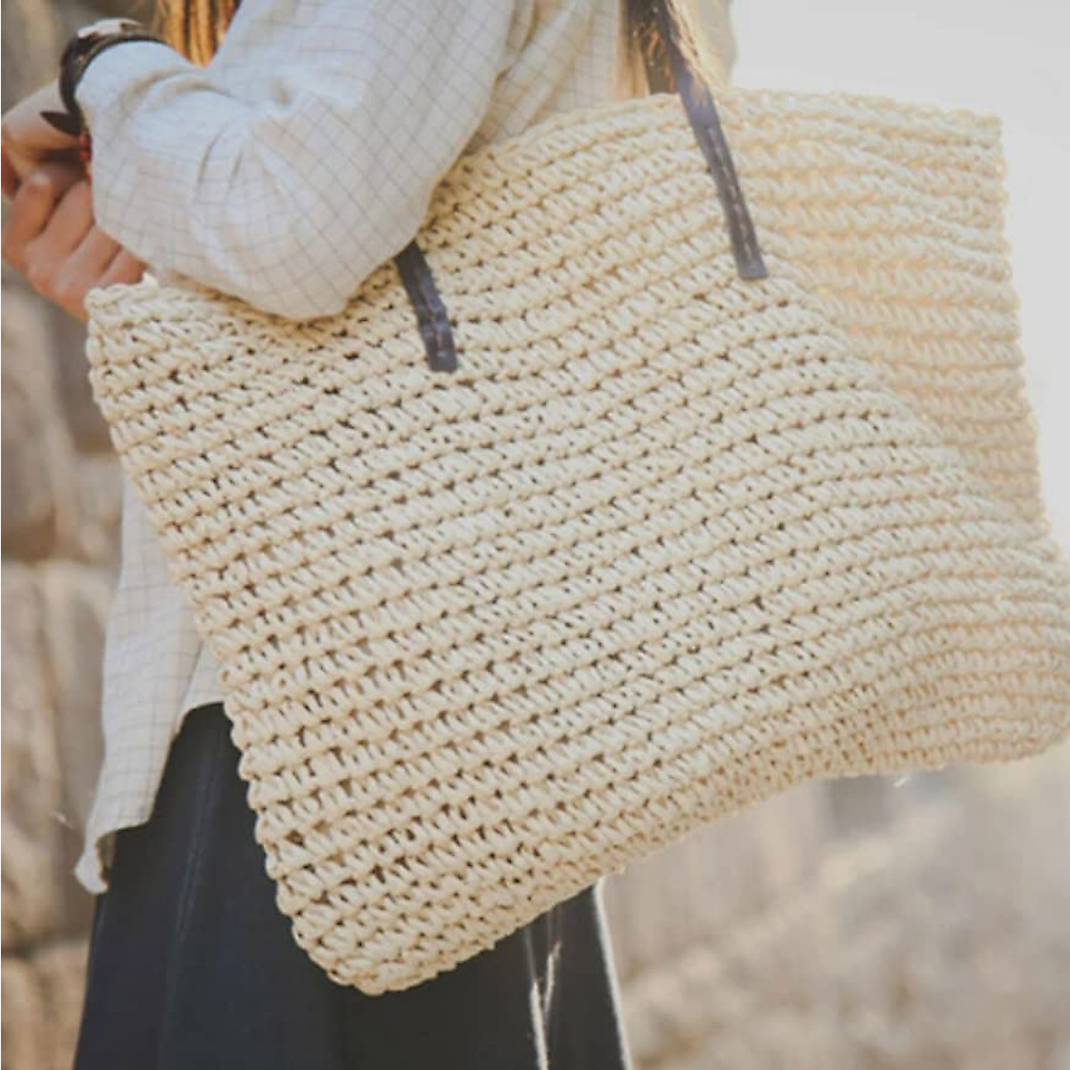 COOKOOKY Straw Beach Bag Summer Handmade Woven Shoulder Tote Bags Purse for Women (Square Khaki Bag)