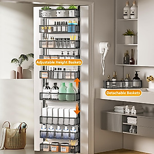 DAOTENGQL Over the Door Organizer Hanging with 10 tiers Mesh Baskets, Stable & Adjustable Pantry Spices Rack for Snacks Baby Essentials Toiletries Toys and Small Clothes, etc, Black, (SA005)