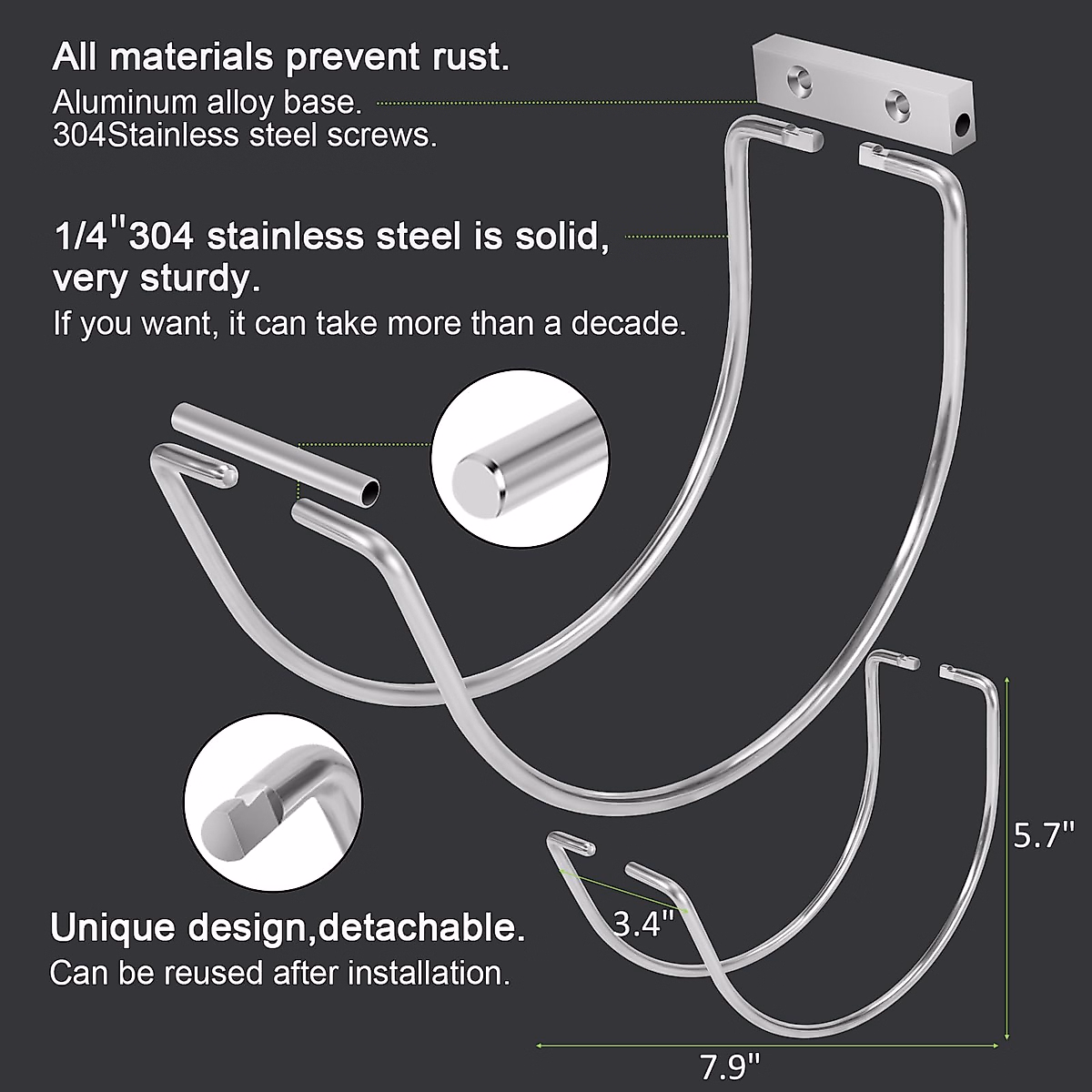 Yoniccal Garden Hose Holder Water Hose Hanger Wall Mounted,304Stainless Steel Solid Hose Hook Holds Up to 150Ft Garden Hose, Expandable Hose, Water Hose Black