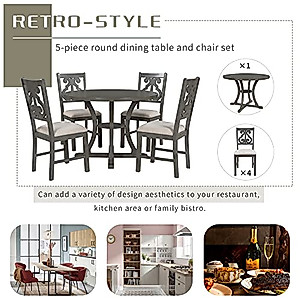 UBGO 5 Piece Chair, Vintage Style Home Furniture 42" Round Table and Beautifully Designed Cutout Back for Kitchen Room, 4-Seater Dining Set, (Grey) s
