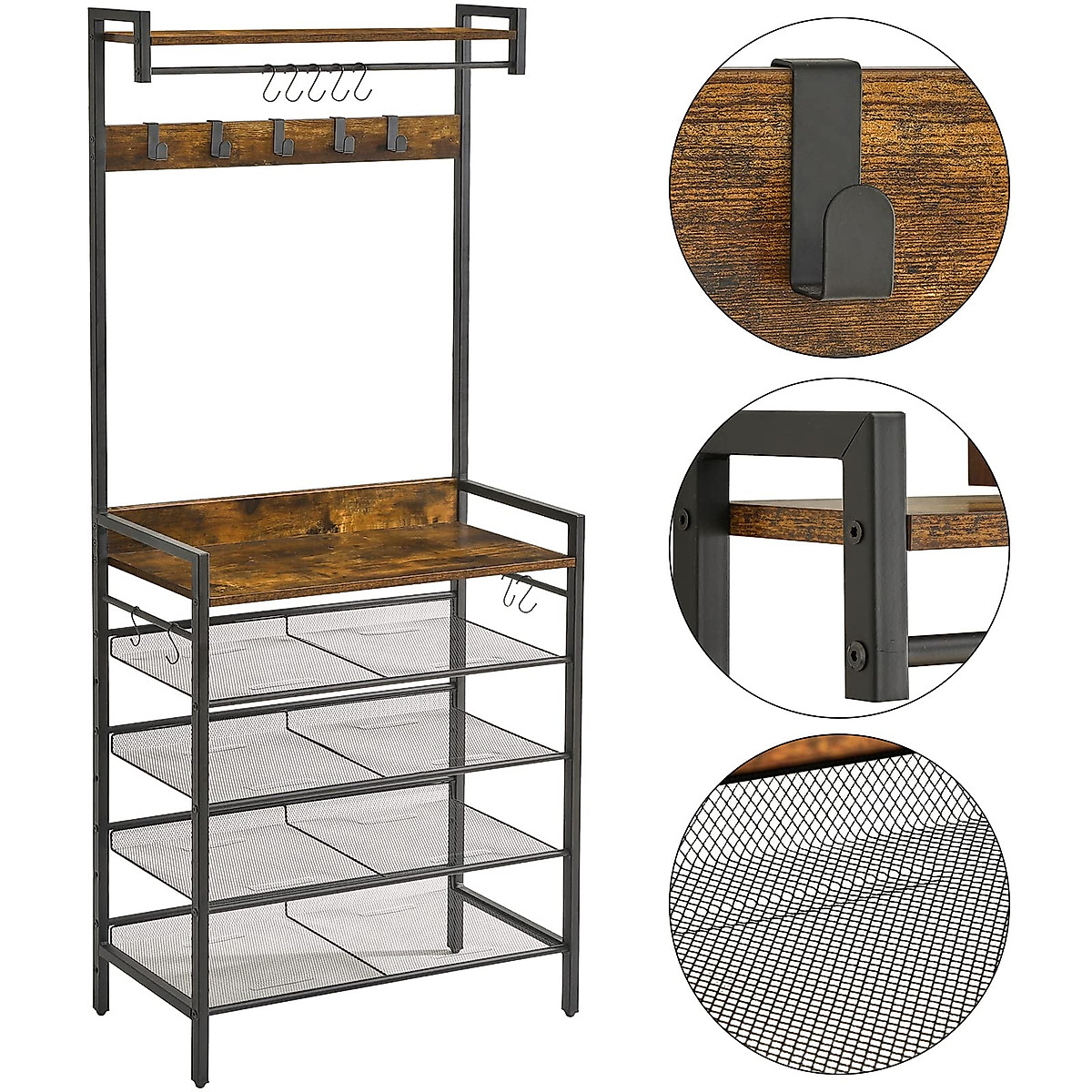 IBUYKE Coat Rack Shoe Rack, 4 in 1 Multi-Function Hall Tree with Slant Adjustable Shoe Storage, 5-Tier Storage Shelf and 9 Hooks Removable, Industrial Accent Furniture for Entryway, UTXJ008H