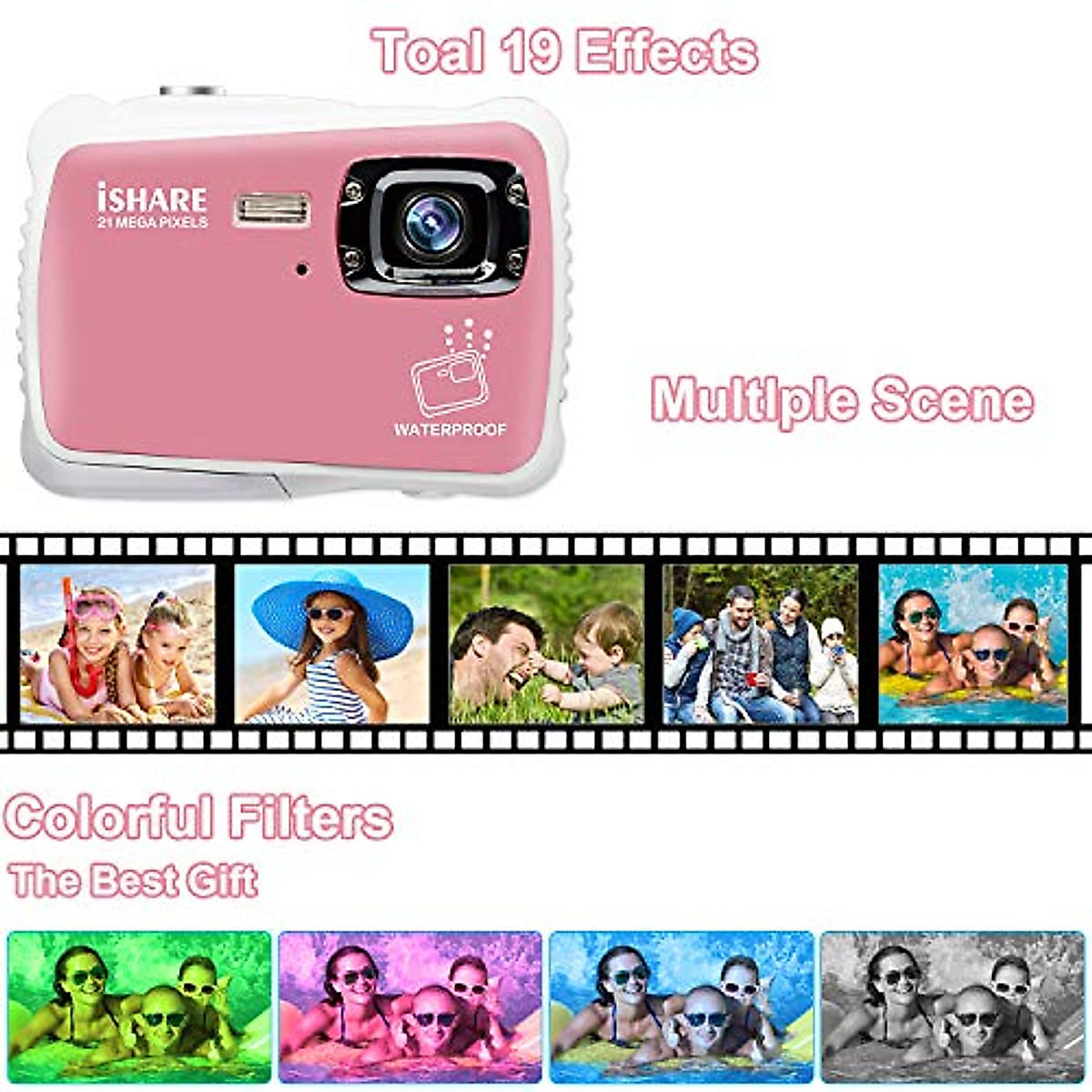 Kids Camera,21MP HD 3M Waterproof Digital Camera Kids,Kids Waterproof Camera 2.0 Inch LCD Display,8X Digital Zoom,Flash and Mic for Kids Boys Girls Gift(Pink)