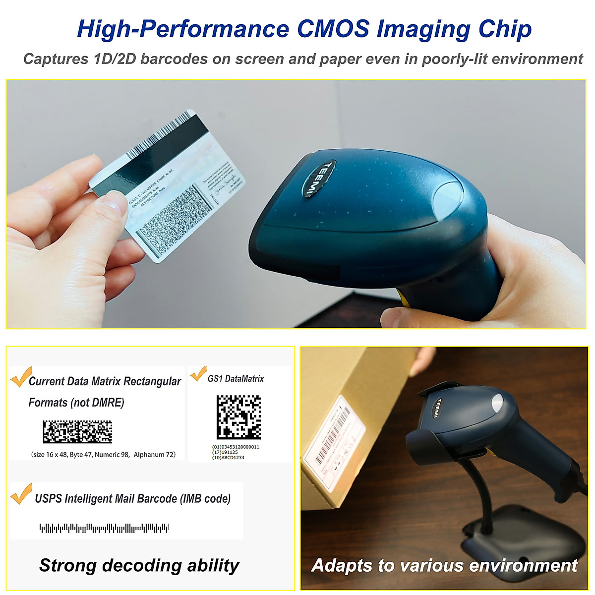 TEEMI 2D QR Barcode Scanner, USB Wired Virtual COM Port Handheld Omnidirectional Scanning, Digital Coupon Screen Code Driver License Scan for Mac OS and Android with OTG Adapter, Window PC, Linux