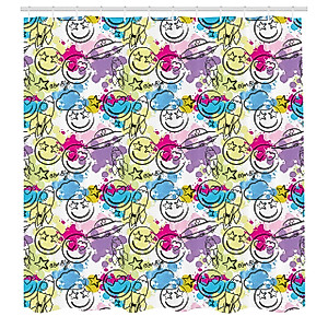 Ambesonne Emoji Shower Curtain, Outline Funny Faces Heart and Starry Eyes UFOs Rockets on Paint Splash Backdrop, Cloth Fabric Bathroom Decor Set with Hooks, 69" W x 84" L, White Multicolor
