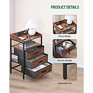 Hzuaneri Nightstands with LED Lights and Charging Station, End Table with 3 Fabric Storage Drawers and Shelves, Modern Side Table, Bedside Tables for Bedroom, Set of 2, Rustic Brown NS31101B
