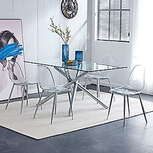 Maotifeys 63" Modern Glass Dining Table for 6 4,Kitchen Table Rectangle Tempered Glass Top Dining Room Table w/Silver X Shape Stainless Steel Pedestal Base,Glass Dinner Table for Kitchen Dining Room