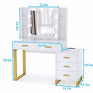 PAKASEPT Vanity Makeup Desk with Lights and Charging Station, Dressing Table Vanity Desk with Mirror and Lights,Storage Shelves, Drawers for Bedroom,White