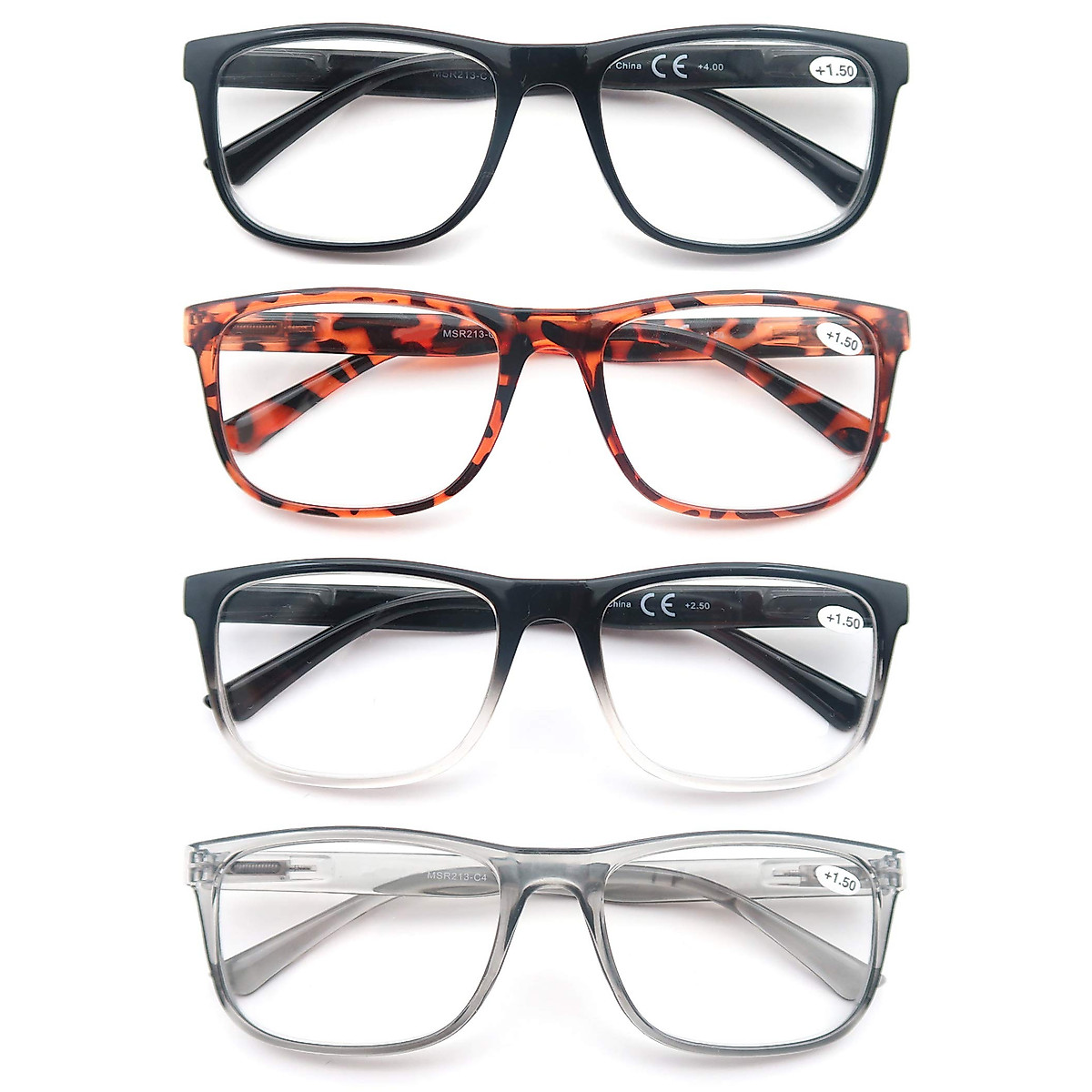 OLOMEE Reading Glasses 1.5 Oversized Large Square Men Readers 4 Pack,Lightweight Cheaters Glasses W/Comfortable Spring Hinges