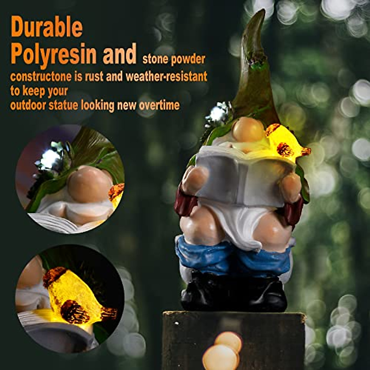 TemwJa Solar Outdoor Garden Statues, Handmade Resin Garden Gnome Statues with LED Lights, Statues Garden Gnomes on The Porch, Courtyard, Lawn, Artistic Garden Decor-Reading Statue