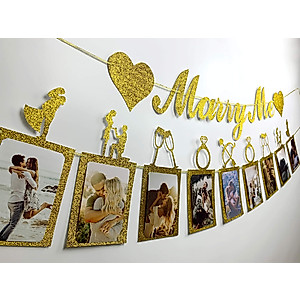 Marriage Proposal Decorations,Gold Marry Me Banner and Photo Banner with Picture Card Frames for Marriage Proposal Ideas Wedding Proposal Decorations.(Gold Glitter)
