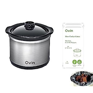 Qvin 0.65-qt Mini Round Slow Cooker 1pc + 10pcs Disposable Liners, Fondue Melting Pot Warmer with Dishwasher-safe Stoneware Crock, Glass Lid, Stainless Steel housing, BPA Free