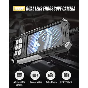 33FT Dual Lens Industrial Endoscope, AUTOGEN 1080P HD Borescope Inspection Camera with 4.5" IPS Screen, 0.31 Inch Digital Sewer Camera with 8 LED Lights, 10M Semi-Rigid Cable, 32G TF Card