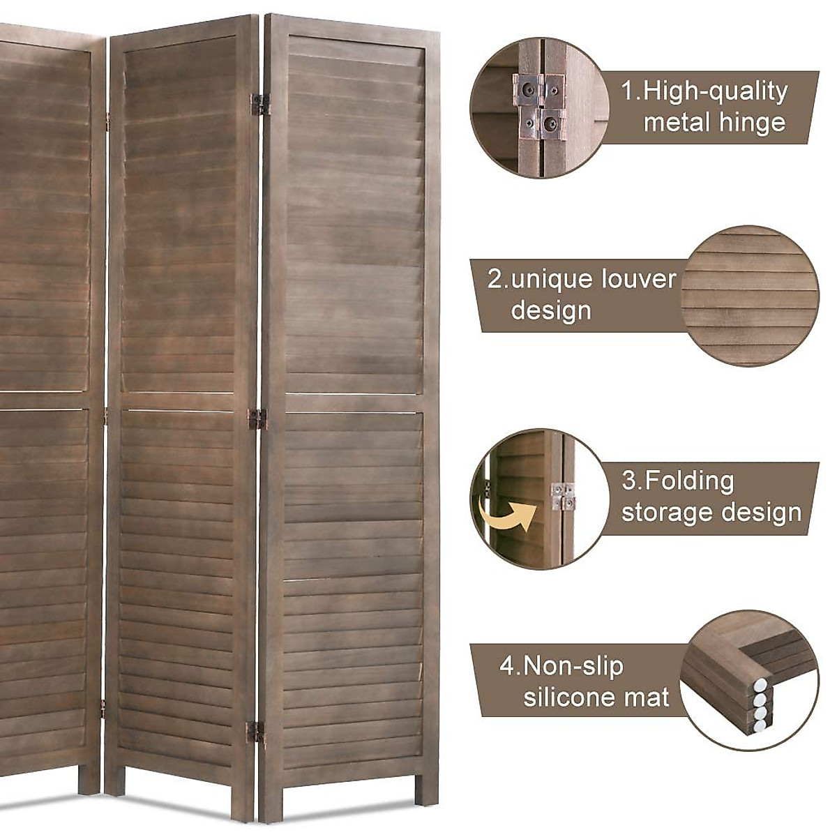 4 Panel Wood Room Divider 5.75 Ft Tall Privacy Wall Divider 68.9" x 15.75" Each Panel Folding Wood Screen for Home Office Bedroom Restaurant （Brown）