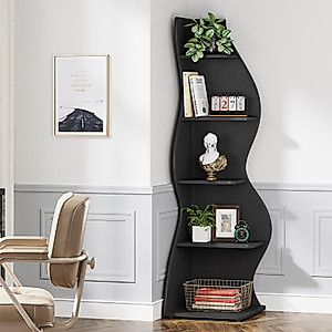 Tribesigns Corner Shelf, Modern 5-Tier Wall Corner Bookshelf, Stylish Corner Small Bookcase Storage Rack Plant Stand with Unique Shape for Living Room, Home Office, (1PC, Black)