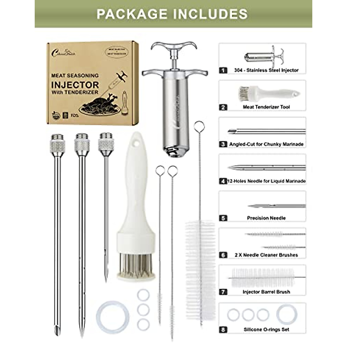 Culinary Hutch Meat Injector Syringe with Meat Tenderizer - 304-Stainless Steel Meat Injector Syringe Kit, 3 Needles, 3 Brushes, O-Rings set - Grilling, BBQ Accessories, 2-oz Large Capacity Barrel