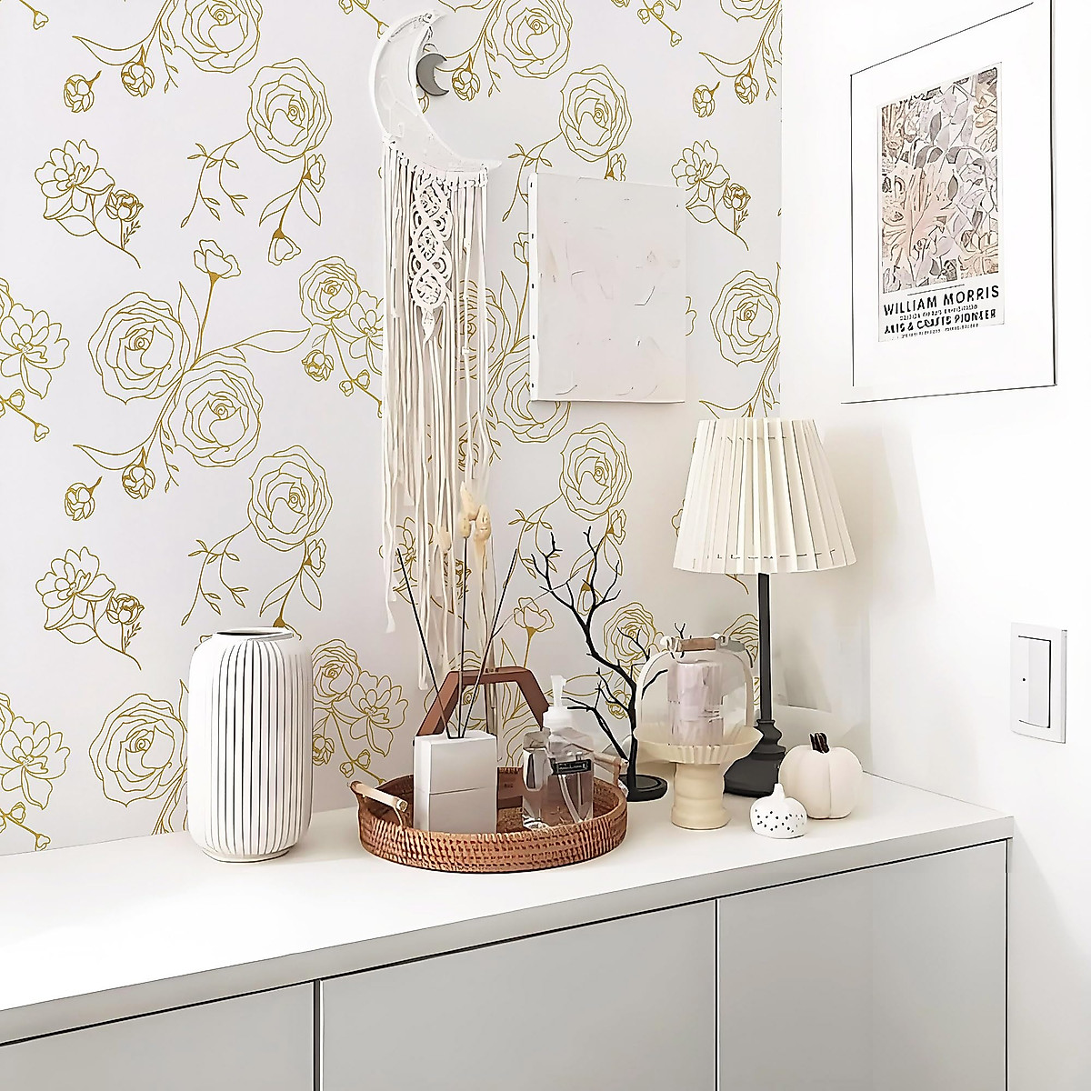 Safiyya 118"x17.3" Peel and Stick Wallpaper Gold and White Contact Paper Floral Wallpaper Self Adhesive Removable Wallpaper for Bedroom Covering Vinyl Rolls