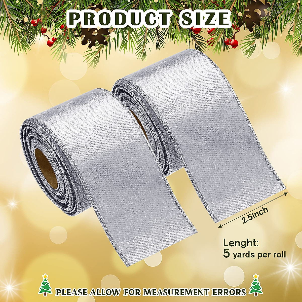 2 Rolls 2.5 Inch 10 Yards Christmas Velvet Ribbon Single Face Christmas Plain Velvet Ribbon for Gift Wrapping Crafts Christmas Wreath Tree Decor (Silver)