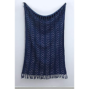 Trade Star 50 x 70 Inch Indigo Hand Block Printed Throw Blanket Boho Mudcloth Throw with Tassels Cozy Wrap Blanket Decorative Bed Throw (Pattern 7)