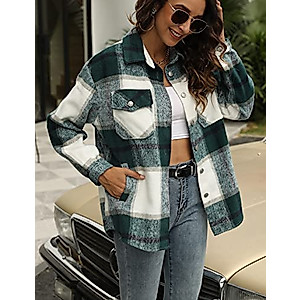 Tanming Womens Brushed Flannel Plaid Lapel Button Short Pocketed Shacket Shirts Coats（01 Green-M）