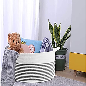 UBUL One Woven Cotton Rope Storage Basket(21.7X21.7X13.8Inch) With Handle, Blanket Basket, Shoes Basket, Toy storage, Pillow Basket, Round Basket, Towel Basket., Grey & White Stripes