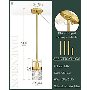 LMS Gold Pendant Light, 1-Light Pendant Lighting for Kitchen Island with Hammered Glass, LMS-171