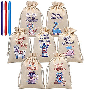 JOYIN 28 Valentine Drawstrings Canvas Bags with 3 Pens, 4x5.75 Inch Drawstring Pouch Candy Gift Linen Pockets for Kids Party Favor, Classroom Exchange Prizes