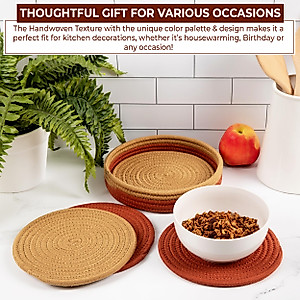 Trivets for Hot Dishes 100% Cotton Rope - 8" Trivets for Hot Pots and Pans Set of 5 Pcs w/ 9" Storage Basket | Pot Holders Heat Resistant | Hot Pads for countertops, Table | Kitchen Decor for Counter