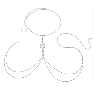 Asooll Crystal Chest Chain Rhinestones Letter Bra Body Chain Bikini Bra Jewelry Fashion Beach Rave Body Accessories Jewelry for Women and Girls (Gold)