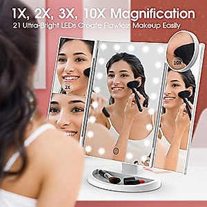 Vanity Mirror with Lights, Lighted Makeup Mirror with 2X 3X 10X Magnification, 21 LED Trifold Compact Touch Dimming Light Up Mirror, Dual Power Supply, Gifts for Women (White)