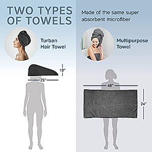 Scala Microfiber Turban Hair Towel Wrap (2 Pack) for Women - Fast Dry, Super Absorbent, Anti-Frizz, Tangle-Free, Quick Drying and Plopping for Wet Curly Hair