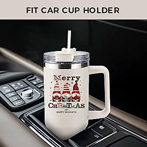 LB LEOBON 40 ounce insulated cup with handle, double-layer vacuum stainless steel material, equipped with straw, can keep warm or maintain cold drinks Christmas Text Gnome white