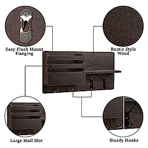 ISM Designs Key Hangers for Wall Decor - Mail and Holder with Shelf Organizer Hooks, Rustic Brown, 16 Inch x 8
