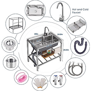 Stainless Steel Utility Sink Single Bowl Commercial Restaurant Kitchen Sink with Storage Shelve Laundry tub & Hot and Cold Faucet Free Standing Sink for Laundry Backyard Garage(28x18.5x29.5in)